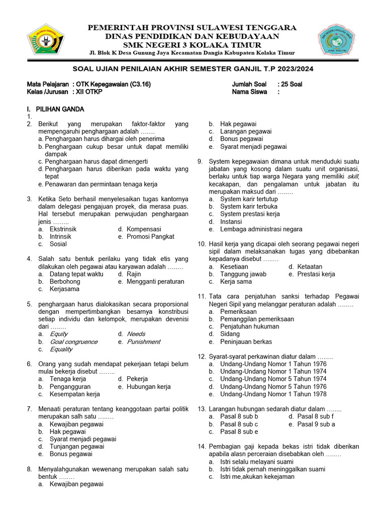 Soal Semester I Otk Kepegawaian Xii Otkp | PDF