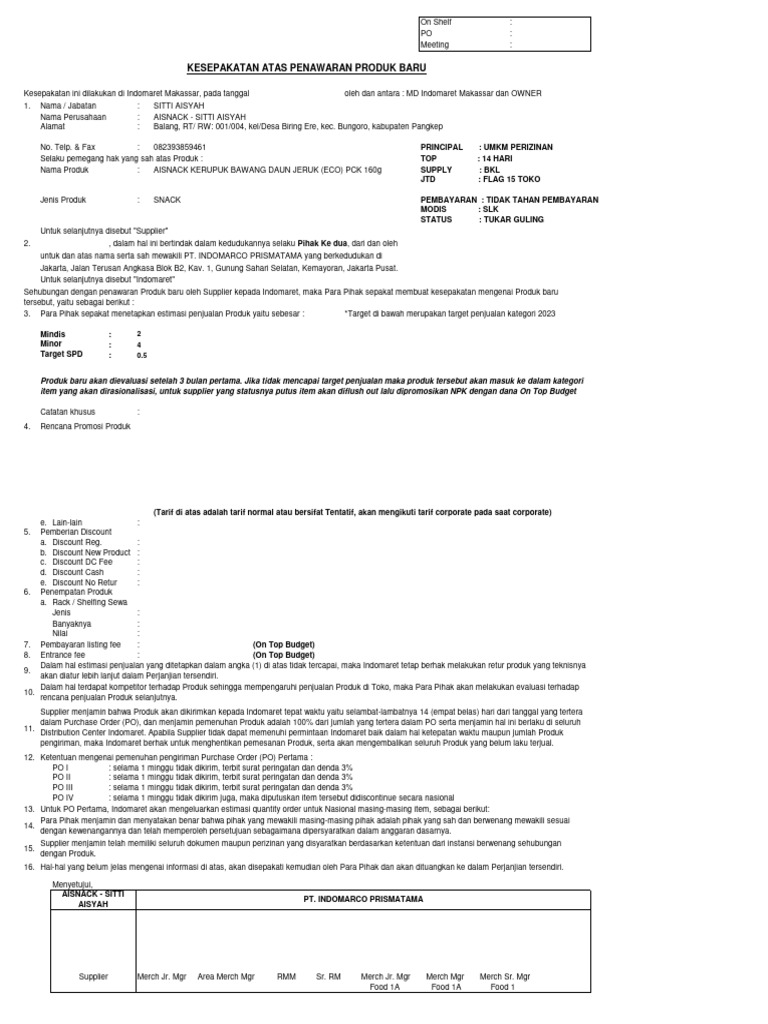 Form Produk Lokal - Aisnack - Keripik Aisyah 1 | PDF