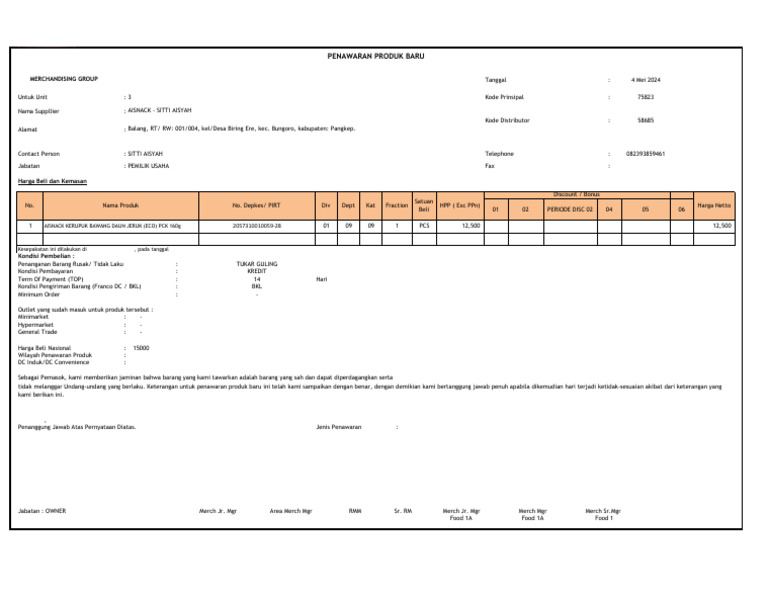 Form Produk Lokal - Aisnack - Keripik Aisyah 2 | PDF