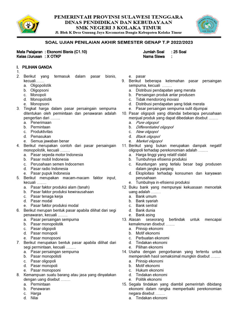 Soal Ujian Ekonomi Bisnis Kelas X | PDF | Pengelolaan Keuangan & Uang | Teknologi & Rekayasa