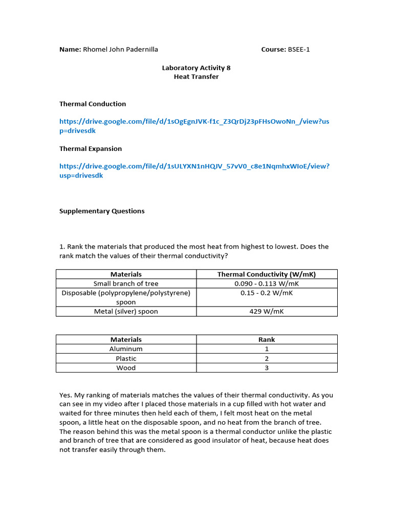 BSEE1-Phys(lab)-Padernilla, Rhomel John-8. Heat Transfer | PDF | Heat | Thermal Expansion