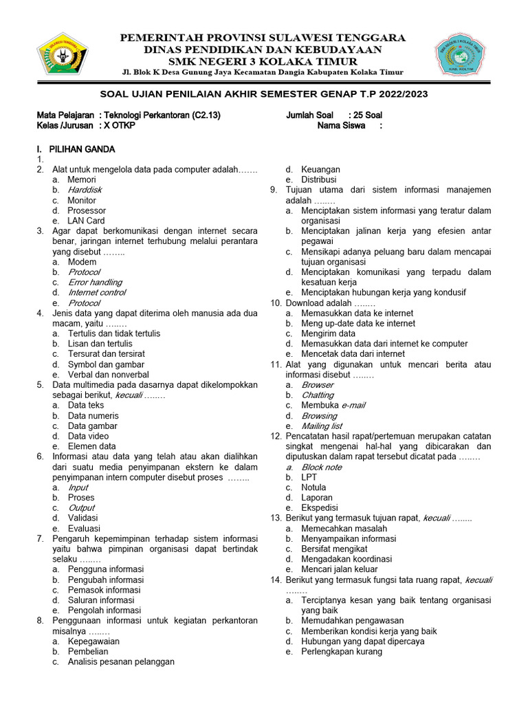 Soal Semester Ii Teknologi Perkantoran X Otkp | PDF