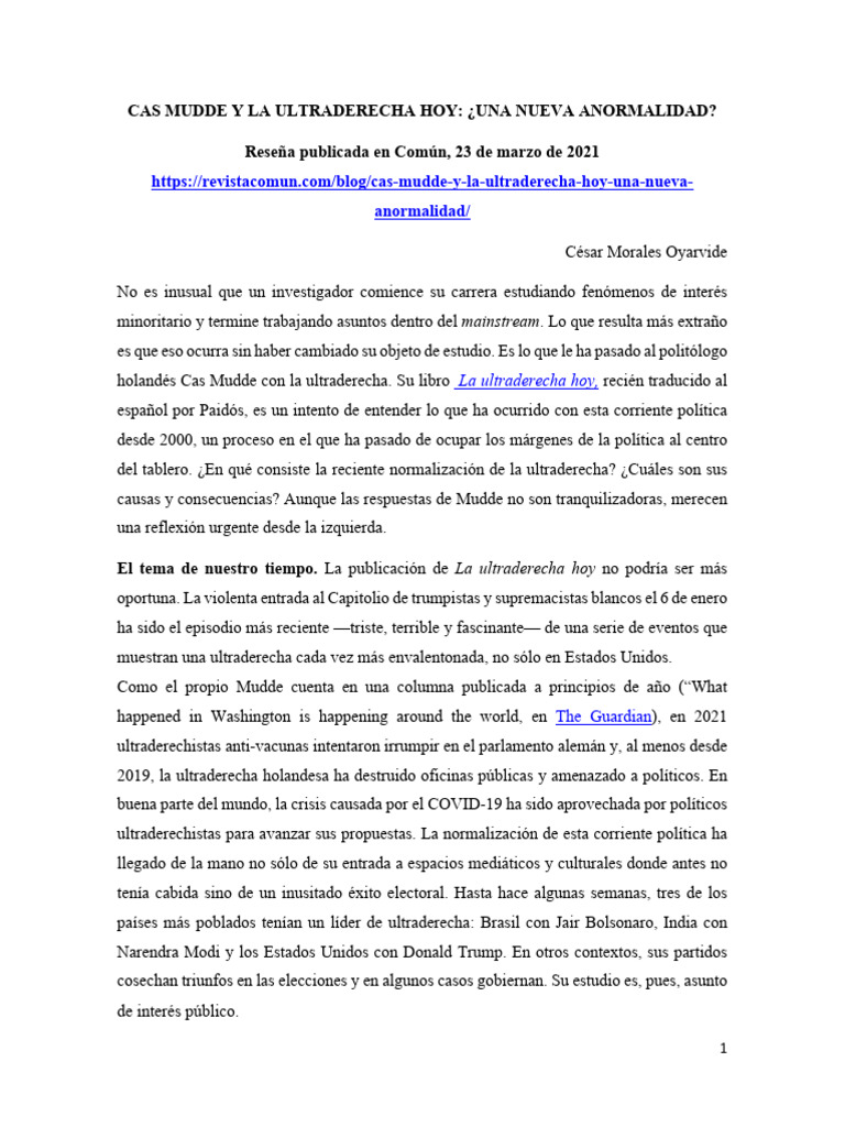 Cas Mudde y La Ultraderecha Hoy Una Nuev | PDF | Política de extrema derecha | Populismo