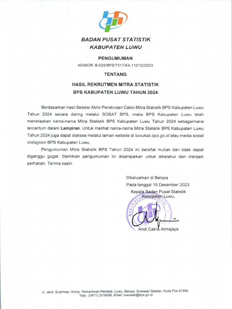 Pengumuman Hasil Rekrutmen Mitra Statistik Tahun 2024 - LUWU | PDF