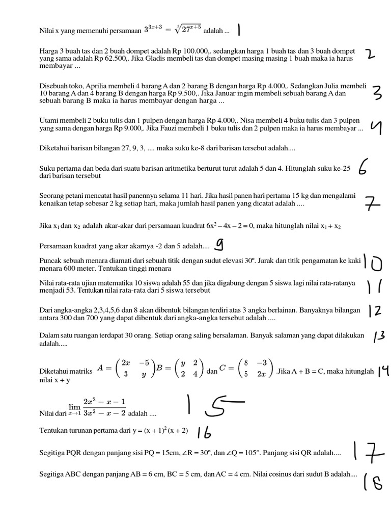 Kisi-Kisi PSAJ-BKS Matematika Kelas XII 2024 | PDF