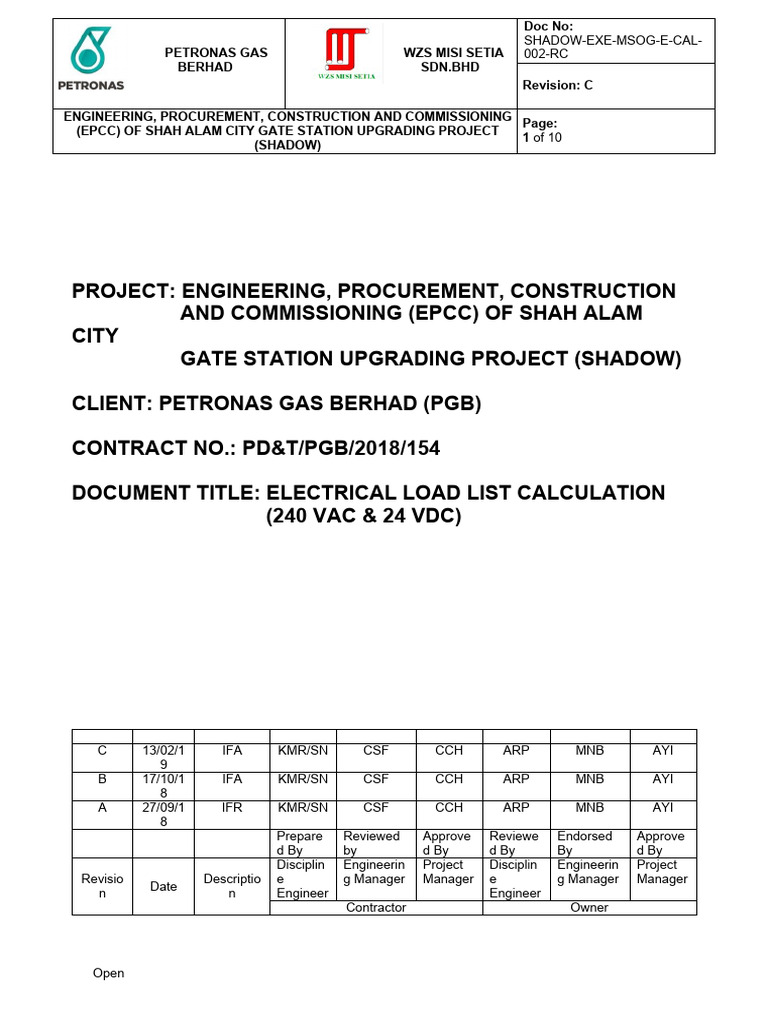 SHADOW-EXE-MSOG-E-CAL-002-RC (ELECTRICAL LOAD LIST CAL) | PDF