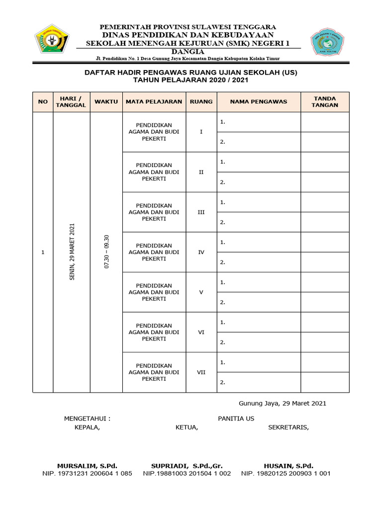 Daftar Hadir Pengawas Ruang | PDF