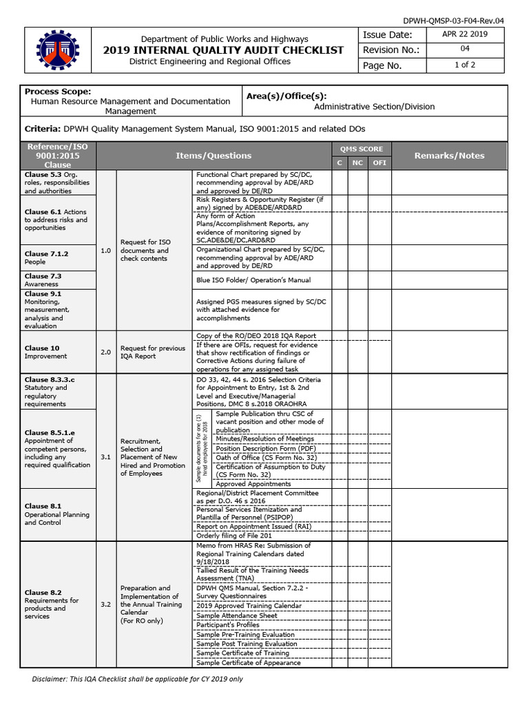 Admin IQA Question:Checklist | PDF | Business