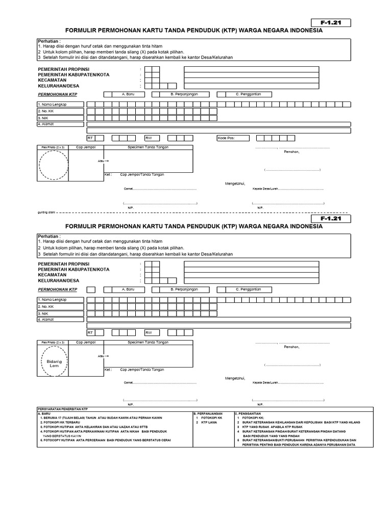 Formulir Permohonan KTP Bagi WNI (F-1.21) - Terbaru | PDF