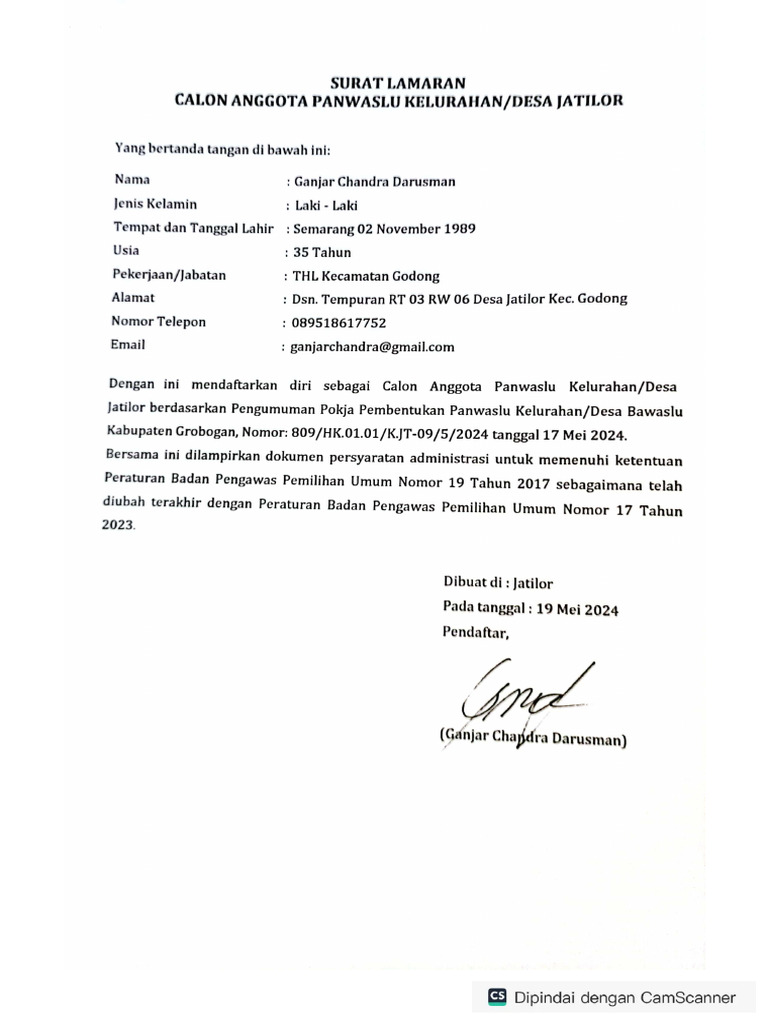 Surat Lamaran Anggota Ganjar | PDF