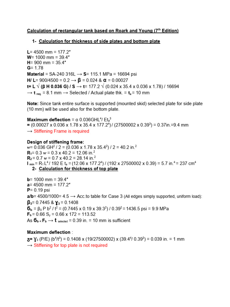 Rectangular Tank Design Calculations | PDF