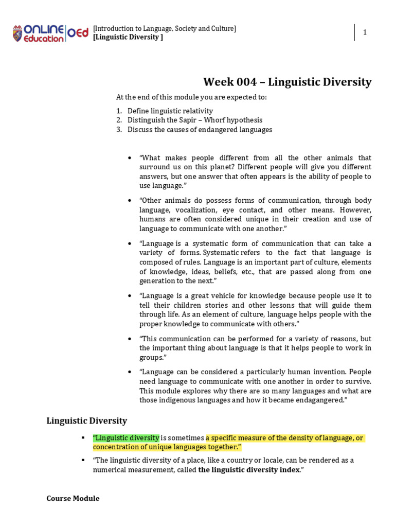 W5 Chapter 4 - Linguistic Diversity - Module | PDF | Linguistics ...