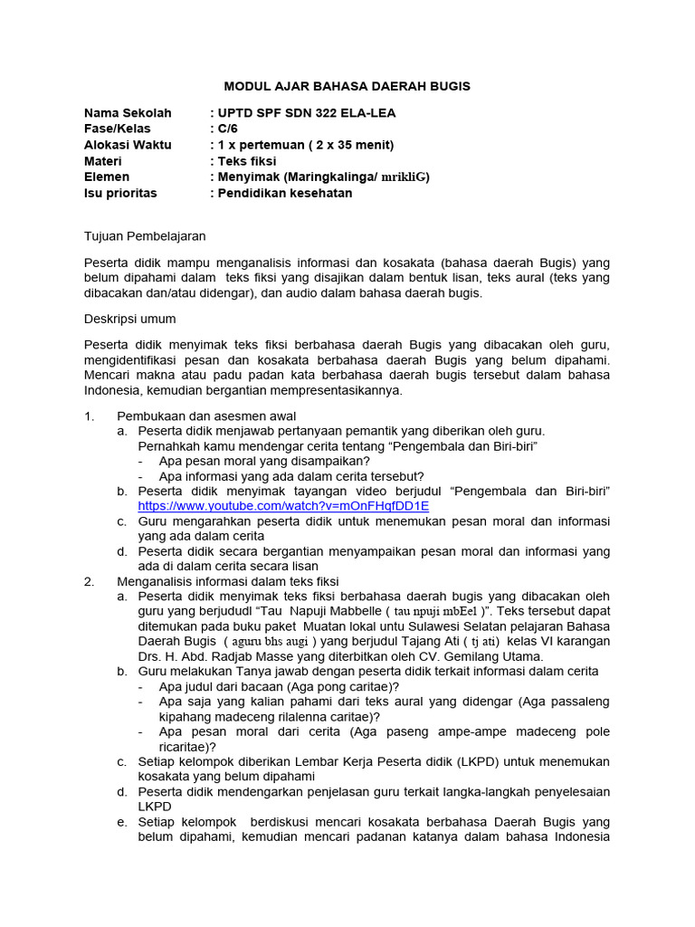 Modul Ajar Bahasa Daerah Bugis | PDF