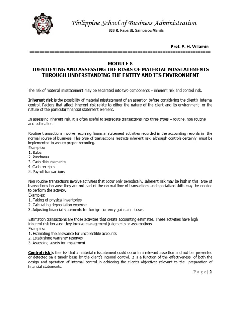 At Module 8 - Risk Assessment and Materiality (Oct 2024) | PDF | Audit | Risk