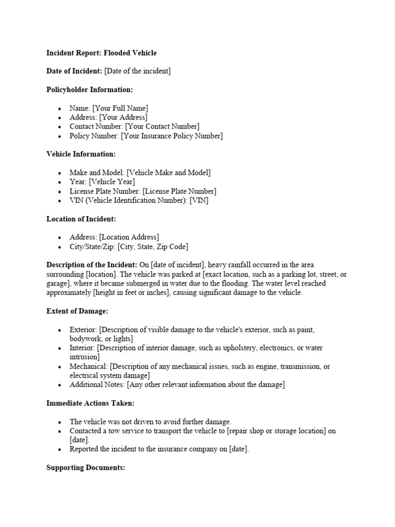 Sample Incident Report For Flooded Vehicle | PDF