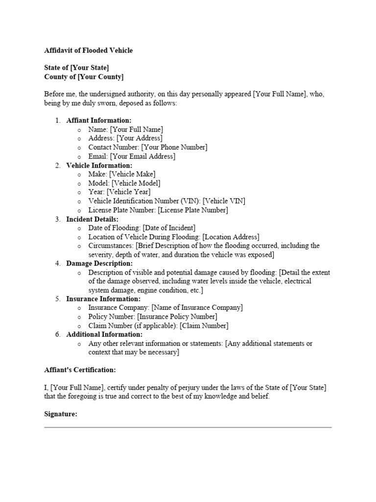 Sample Affidavit of Flooded Vehicle | PDF