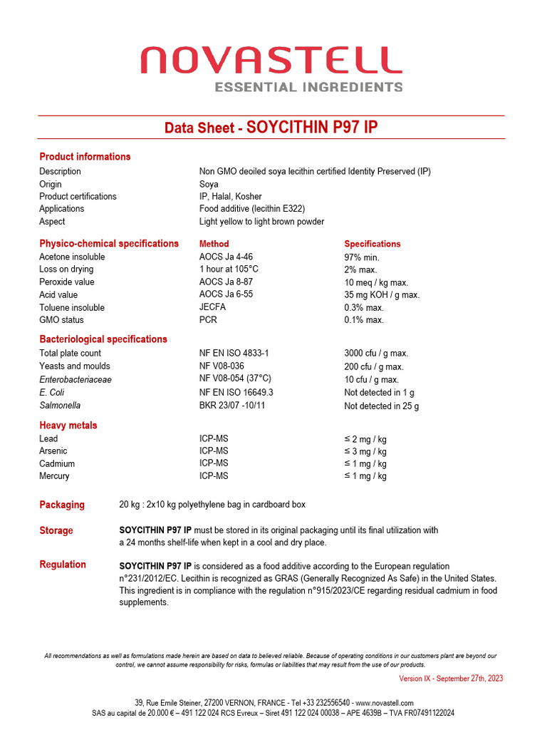 Data Sheet - Soycithin p97 Ip - V9 | PDF | Chemistry | Chemical Substances
