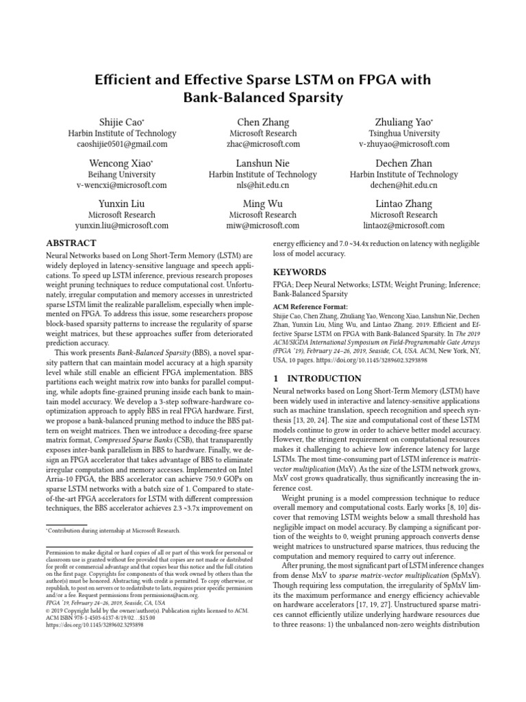 Efficient and Effective Sparse LSTM On FPGA With Bank-Balanced Sparsity | PDF | Matrix ...