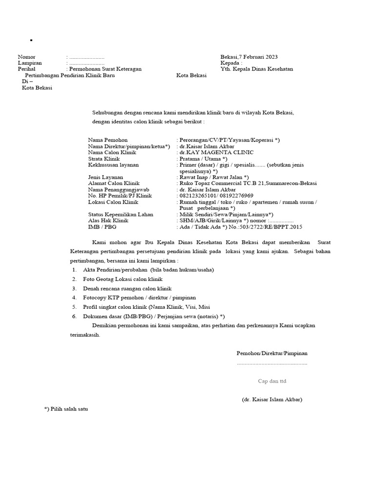 FORM SURAT PERMOHONAN KLINIK BARU LAGI(1) | PDF