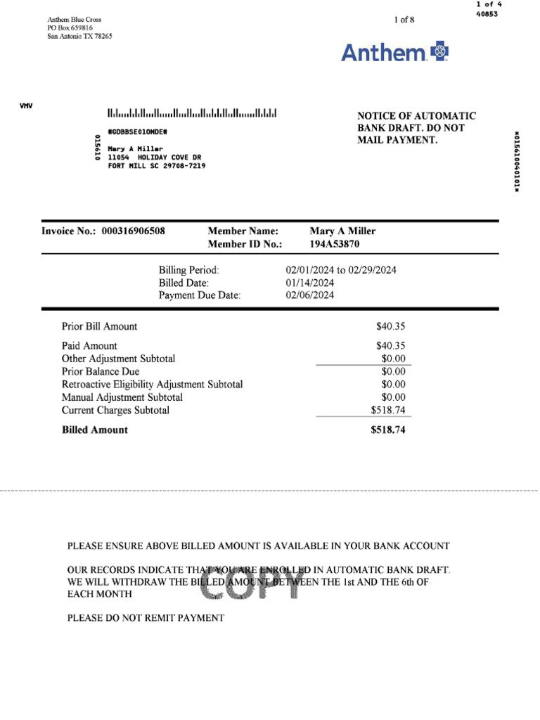 Mary Ann Miller - Anthem BlueCross BILL Feb 2024 | PDF