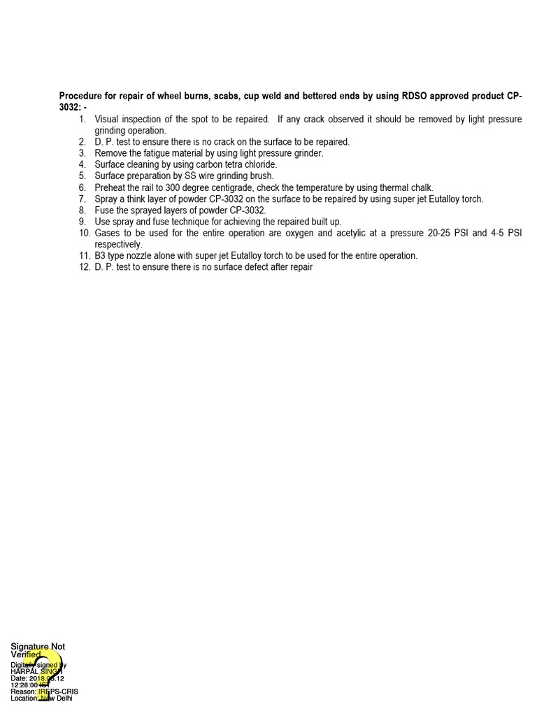 Wheel Burn Reconditioning Procedure | PDF | Welding | Construction