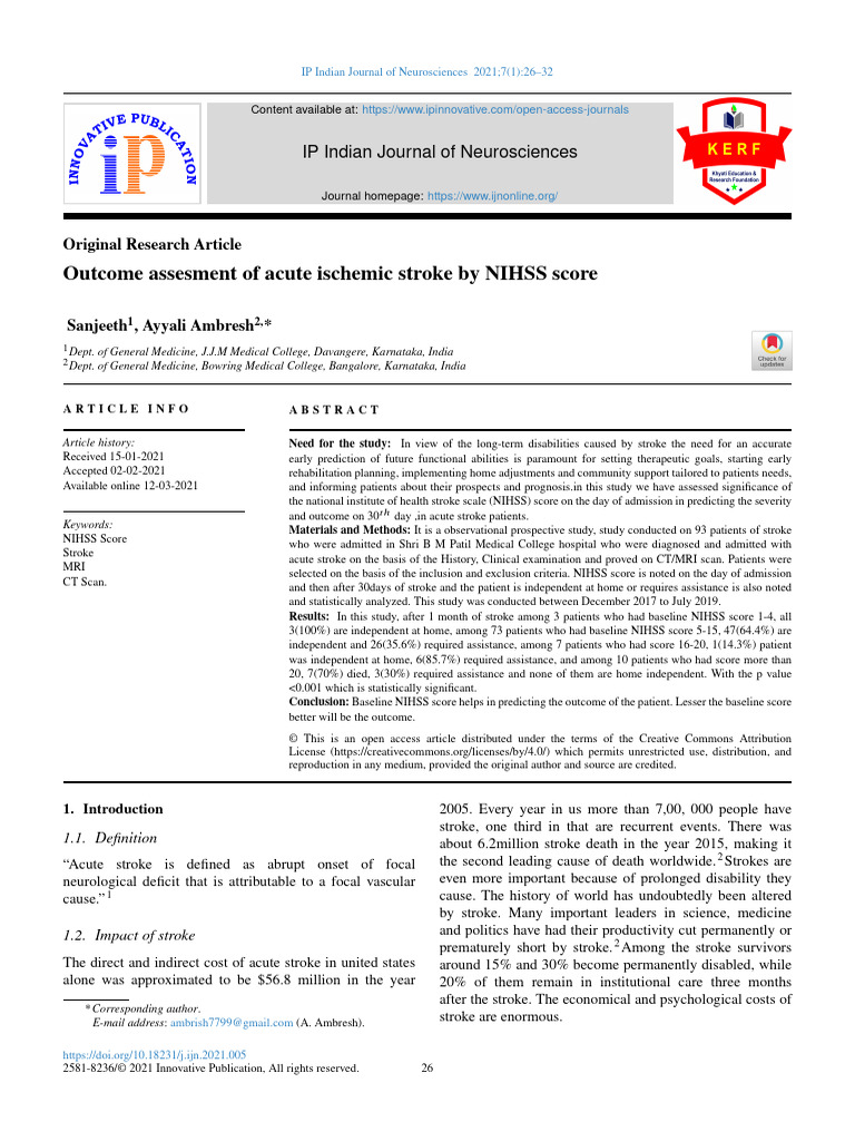 NIHSS Score Predicts Acute Stroke Outcomes | PDF | Stroke | Clinical ...