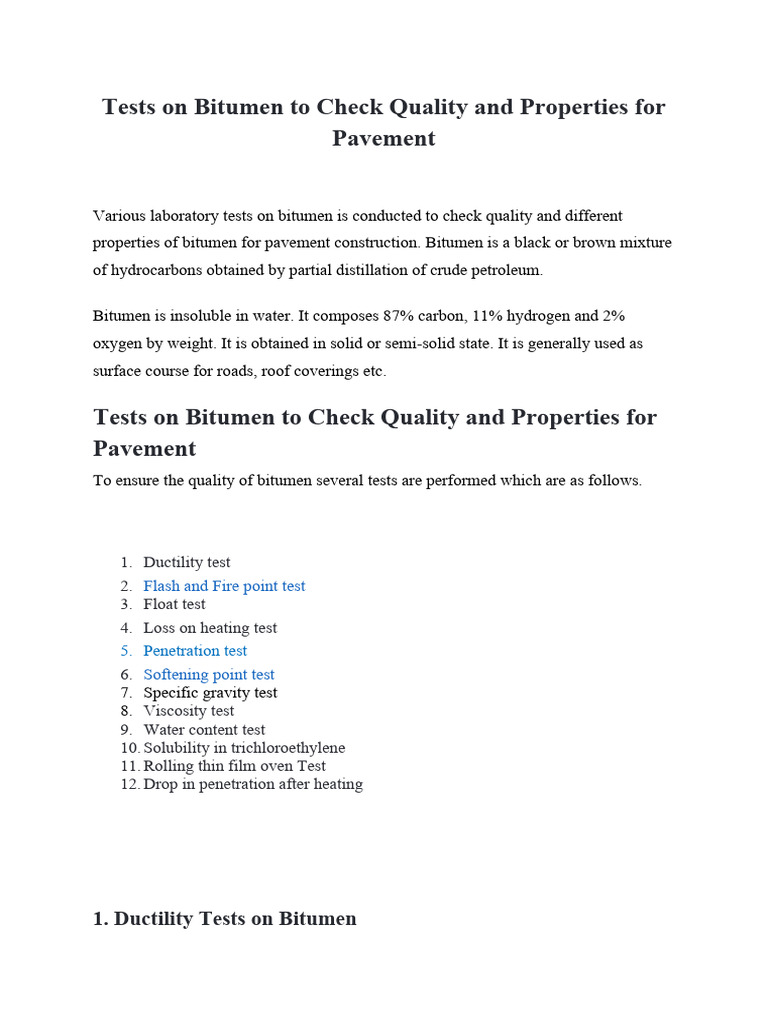 Tests On Bitumen To Check Quality and Properties For Pavement | PDF ...