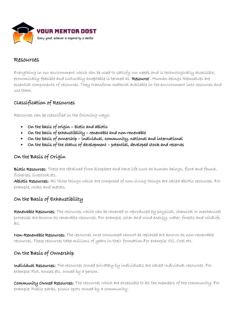 CBSE Notes For Class 10 Geography Chapter 1 Resources and Development ...