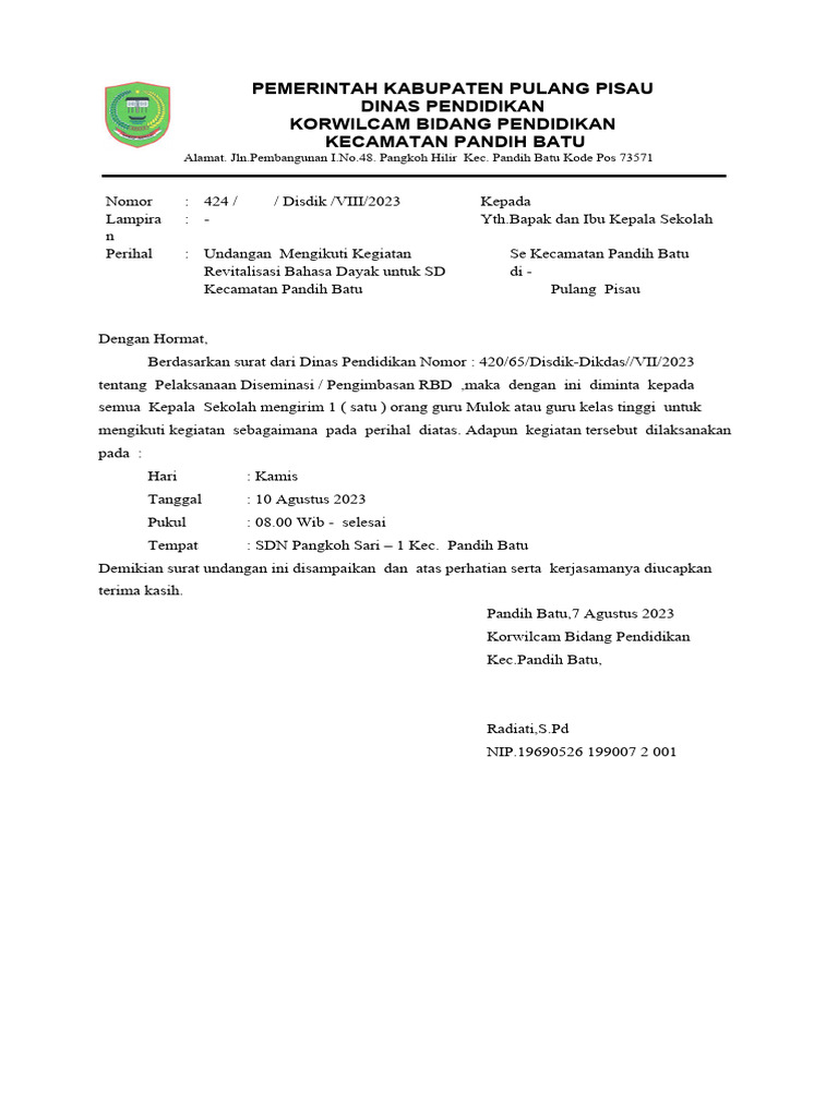 Undangan Revitalisasi Bahasa Dayak SD | PDF