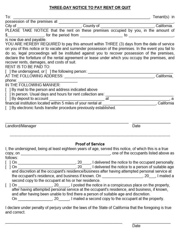 California Three-Day Rent Notice Template | PDF | Renting | Lease