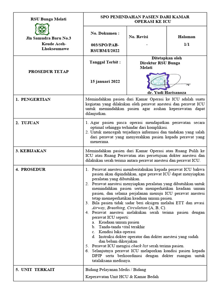 SPO PEMINDAHAN PASIEN OK Ke ICU | PDF