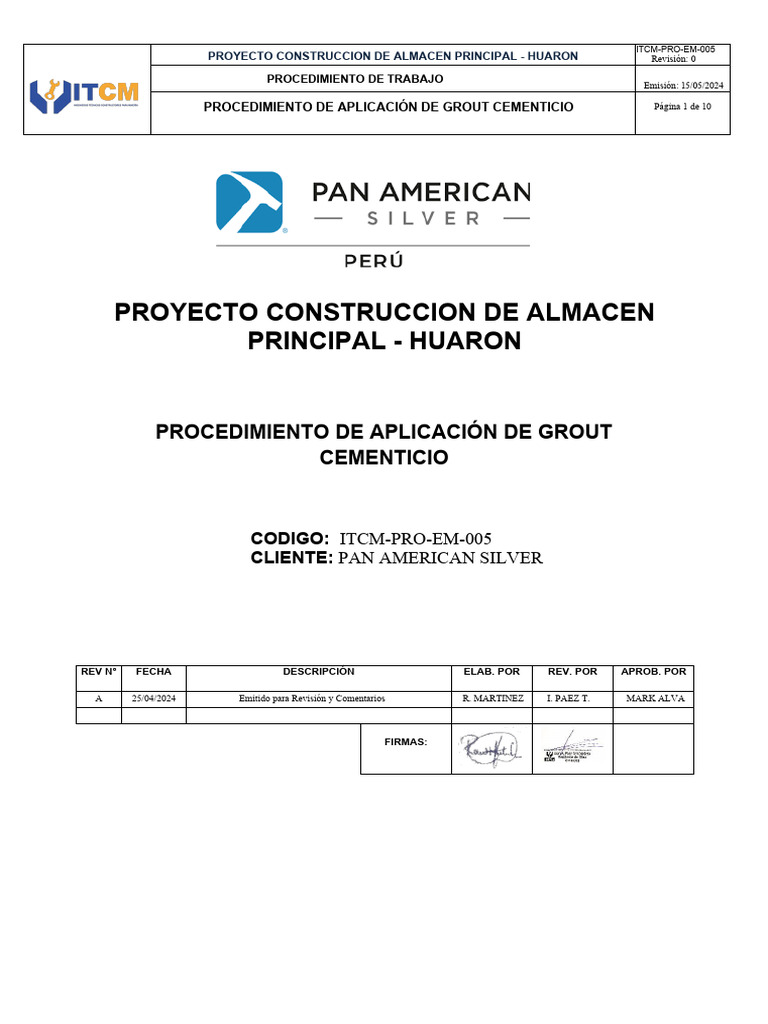 Itcm-Pro-Em-005 Procedimiento Aplicacion de Grout | PDF | Hormigón | Agua