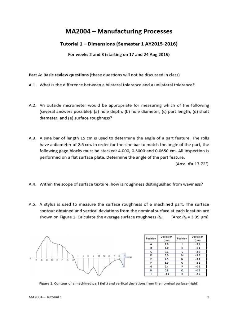 MA2004 Tutorial 1 - Dimensions | PDF | Engineering Tolerance | Surface Roughness