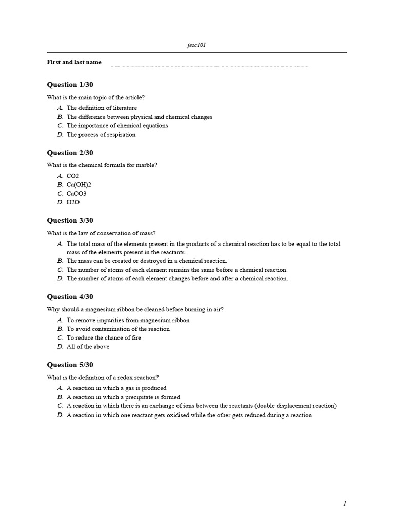Jesc101 - Questions | PDF | Chemical Reactions | Chlorine