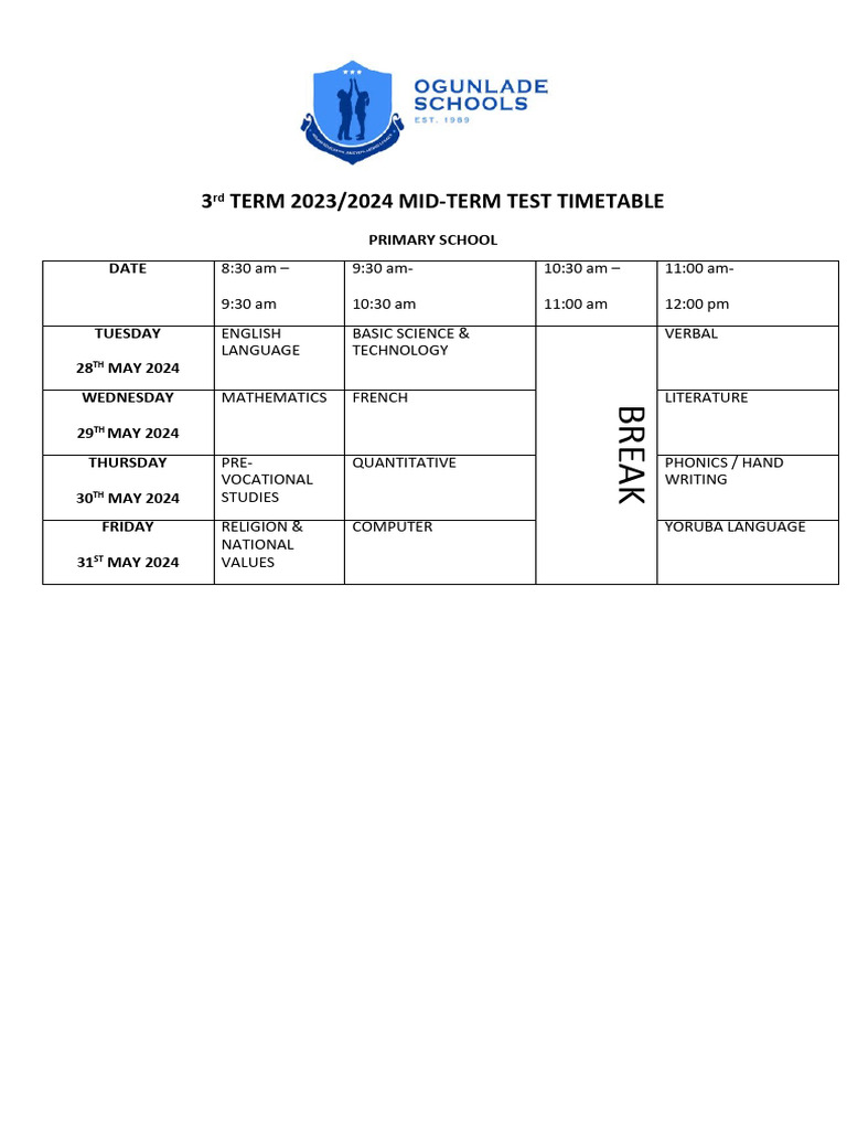 3rd Term Mid-Test Time Table | PDF