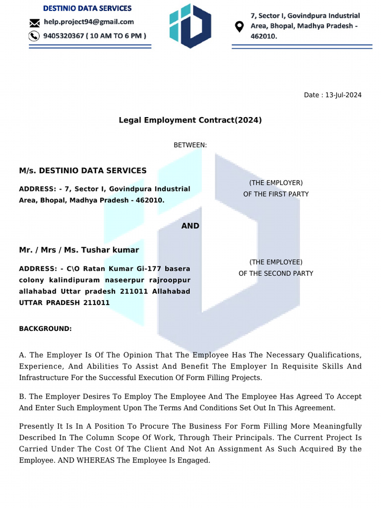 Agreement Tushar Kumar 1720873619 | PDF | Employment | Private Law