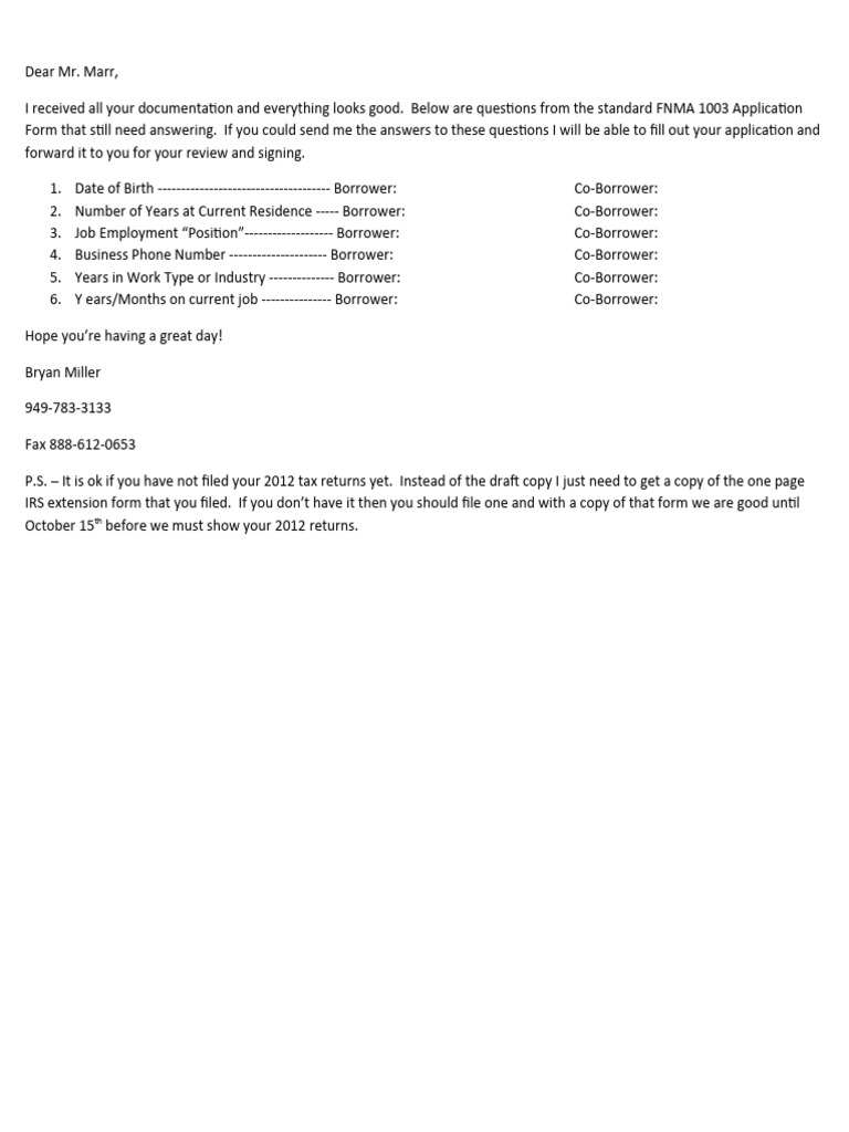 FNMA 1003 Application Questions Needed | PDF