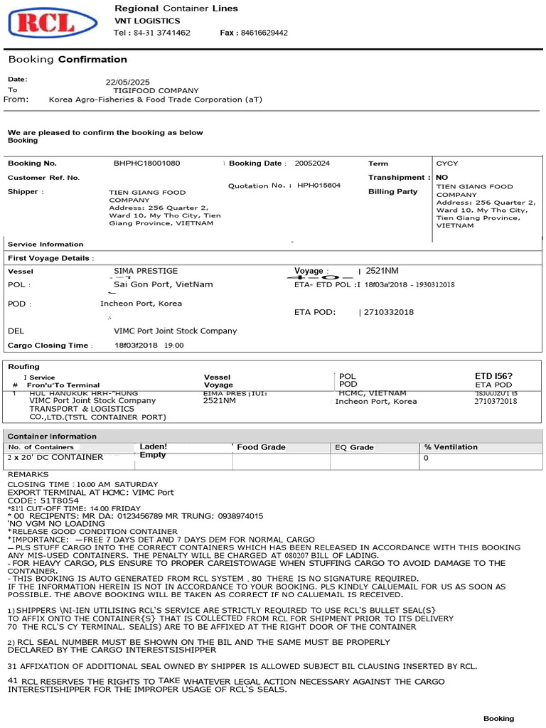 Booking Confirmation | PDF | Cargo | Shipping