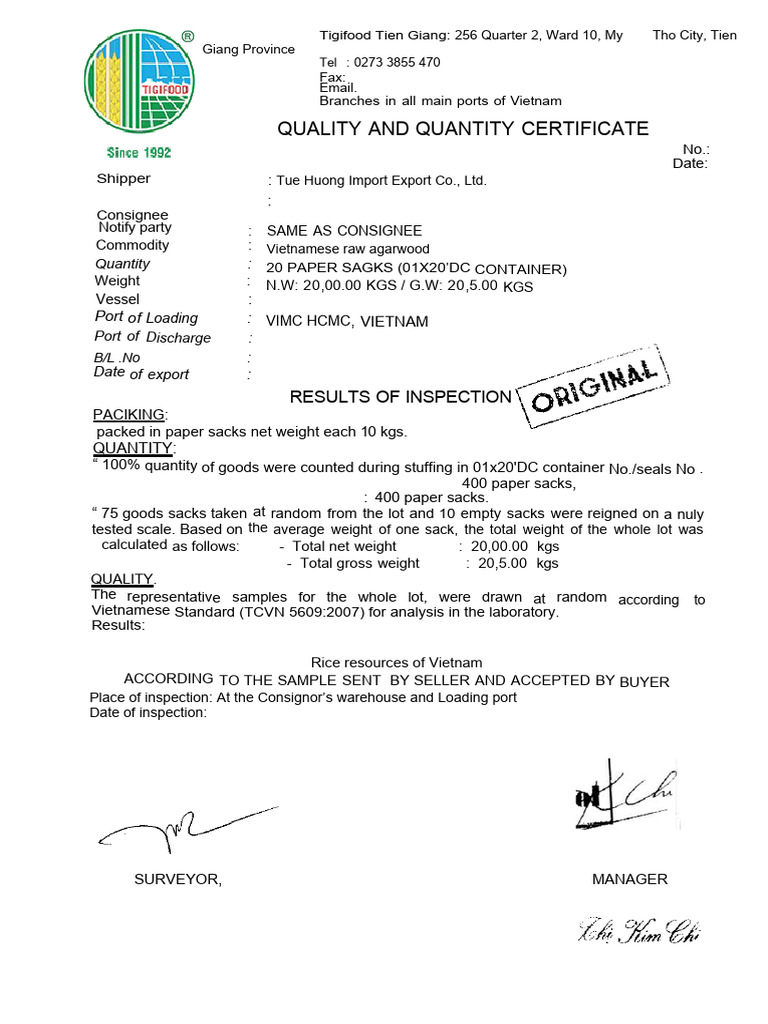 Quality and Quantity Certificate: Results of Inspection | PDF