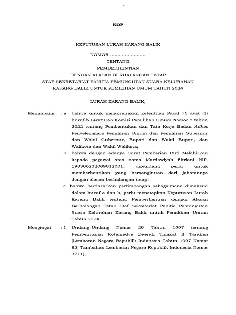 SK Lurah Pemberhentian Sekretariat PPS Karbal | PDF