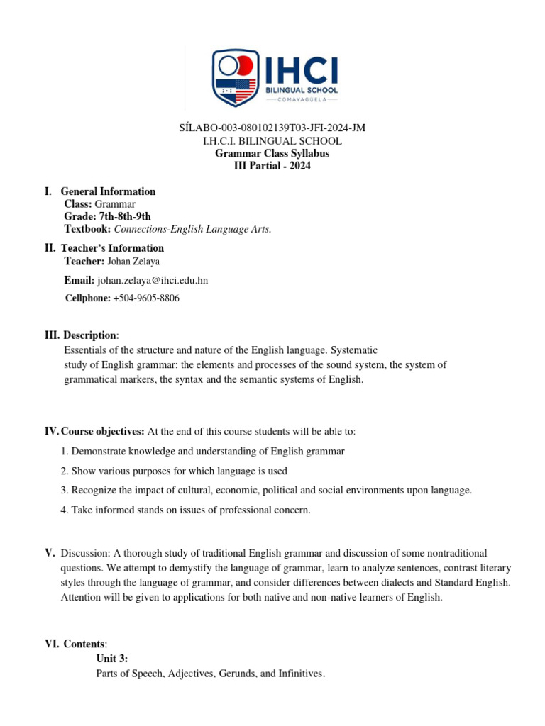 Grammar Syllabus for 7th-9th Grades | PDF | English Language | Grammar