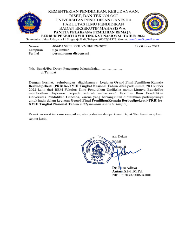 Surat Permohonan Acara Grand Final PRB Seluruh Mahasiswa | PDF