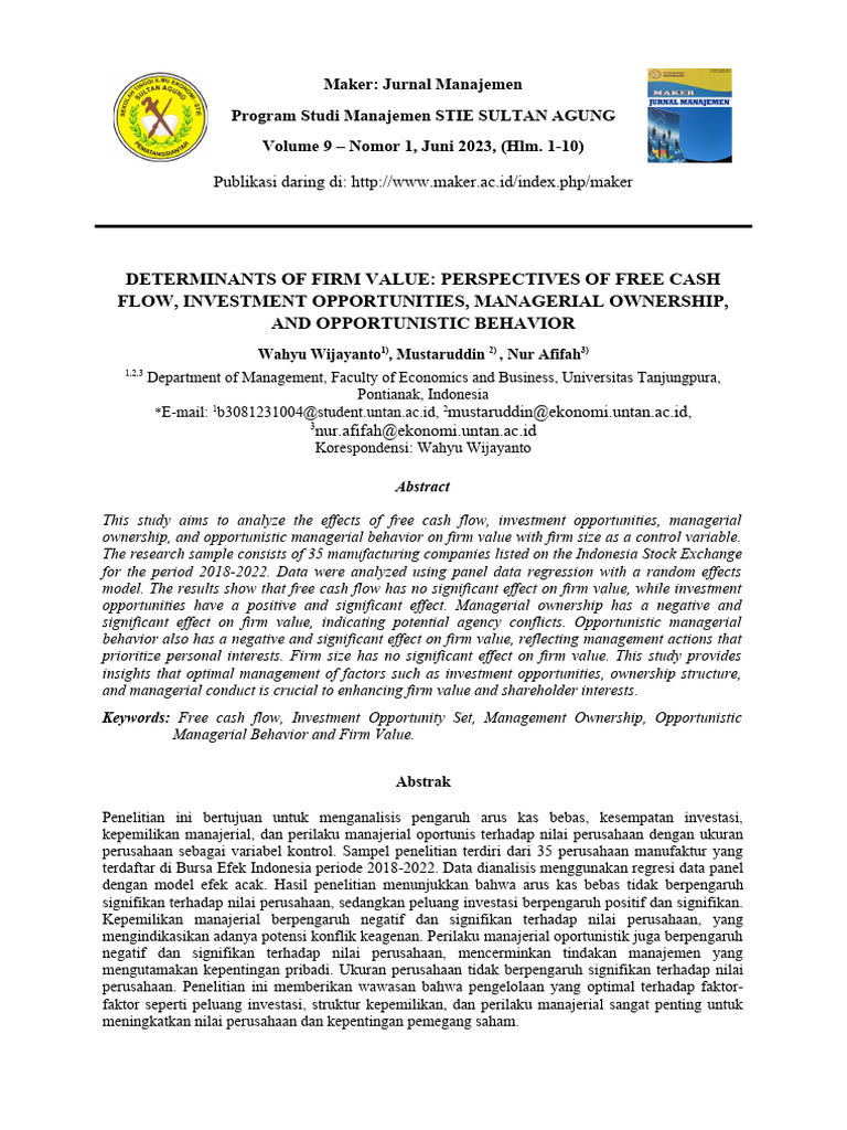 Determinants of Firm Value Perspectives of Free Cash Flow, Investment Opportunities, Managerial ...