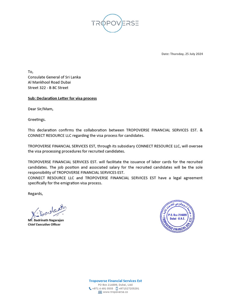 Declaration Letter For Visa Process - Sri Lanaka Embassy | PDF ...