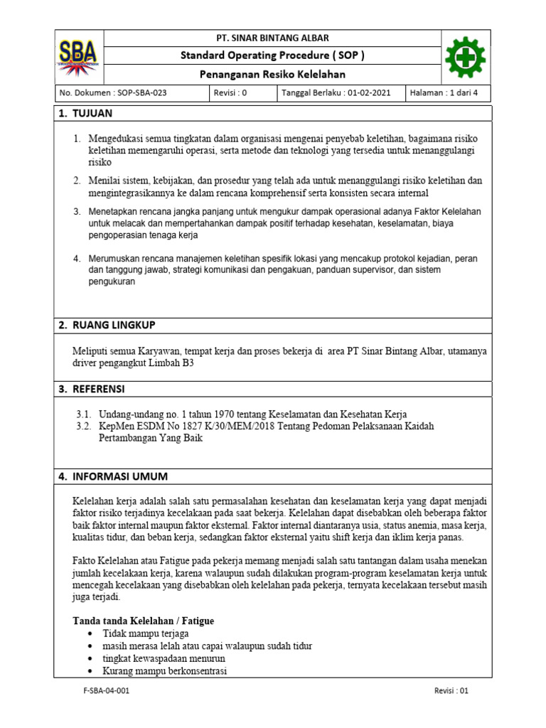SOP-SBA-023 Penanganan Resiko Kelelahan | PDF | Pengelolaan Keuangan & Uang | Teknologi & Rekayasa