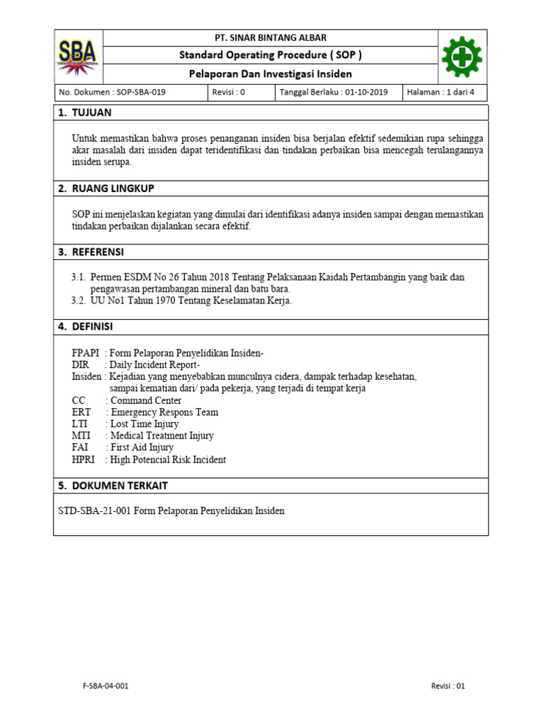 SOP-SBA-021 Pelaporan Dan Investigasi Insiden | PDF