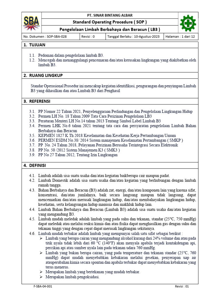 SOP-SBA-028 Pengelolaan Limbah B3 | PDF | Griya & Taman