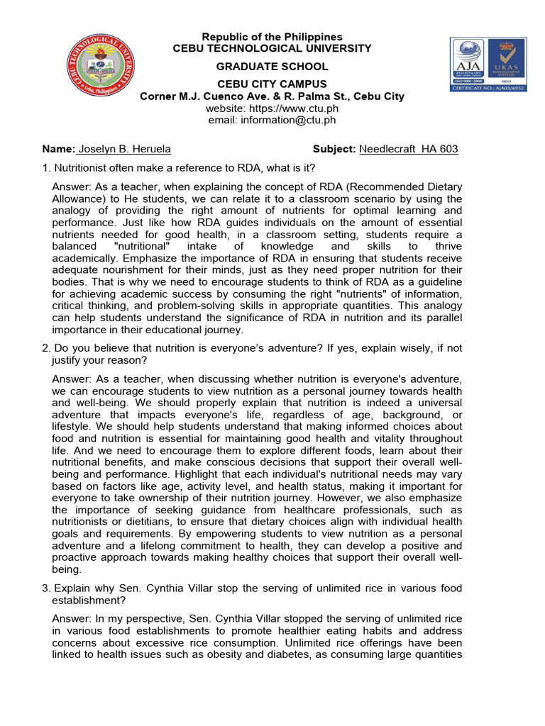 HA 601 Foods and Nutrition | PDF | Healthy Diet | Nutrition