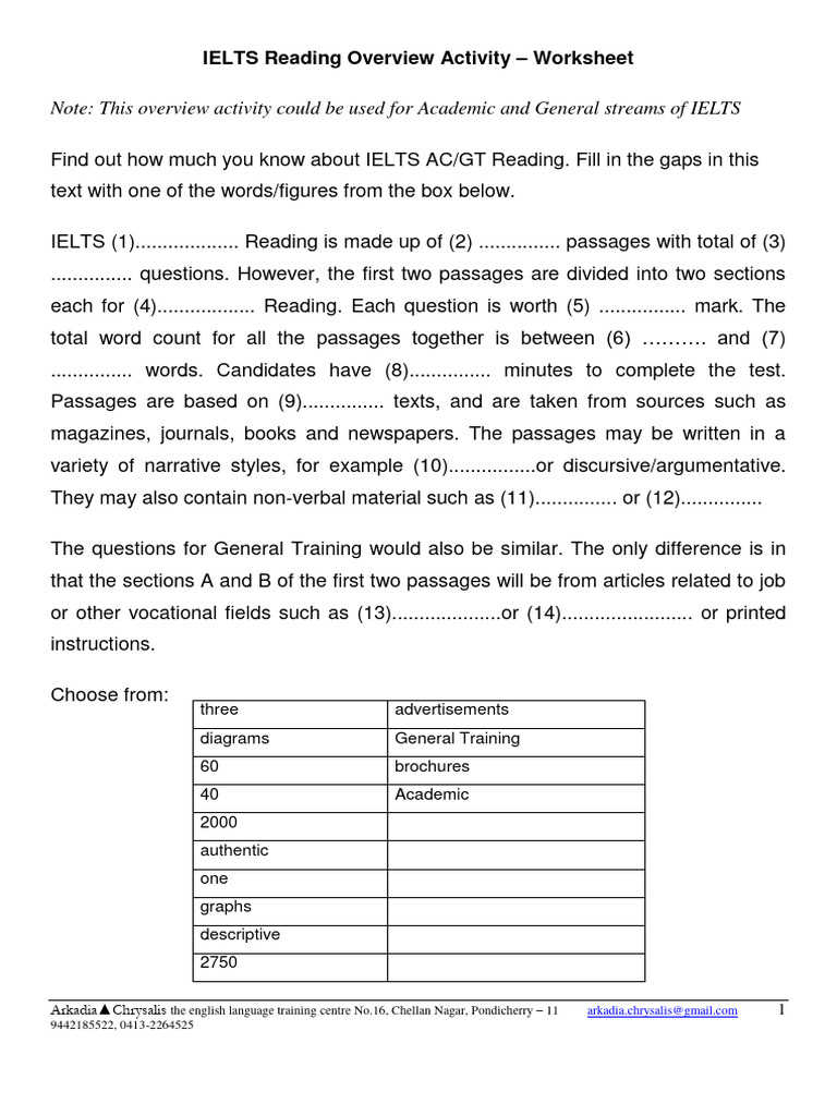 IELTS Academic Reading Overview Activity Worksheet | PDF