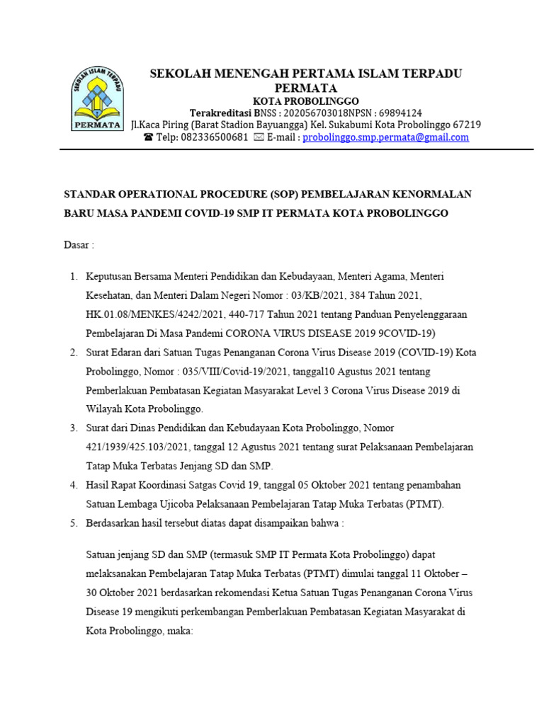 SOP Pembelajaran PTMT SMP IT Permata | PDF